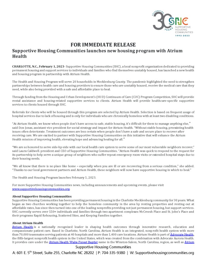 SHC Launches Housing Program With Atrium Health - Supportive Housing ...